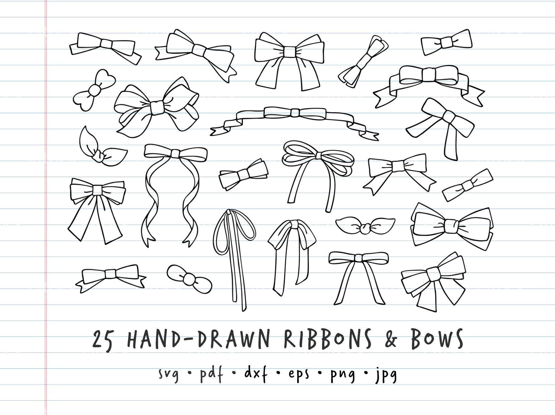 Set of 25 Hand-drawn Vector Doodle Ribbons, Bows, & Bowties | Svg, Pdf ...