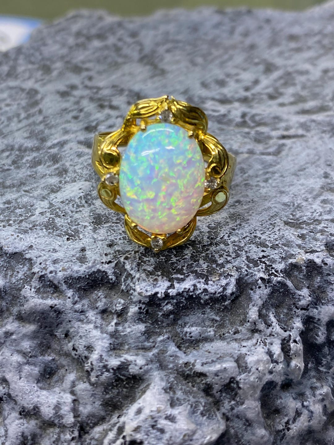 Vintage 14kt 3ct Ladies Opal & Diamond Gold Ring Sz 10 - Etsy