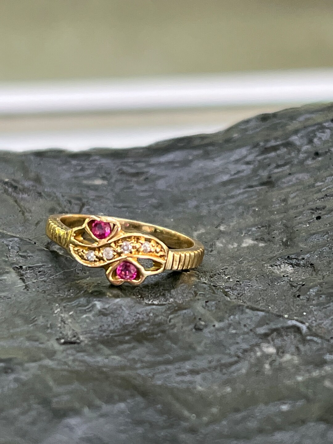 Vintage Ladies Double Ruby Heart Diamond Ring 14kt Gold - Etsy