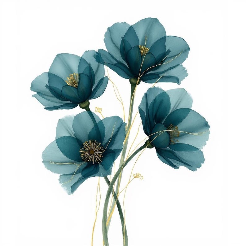 23 Teal Blue Flowers, Floral Clipart JPG, Digital Floral Art ...