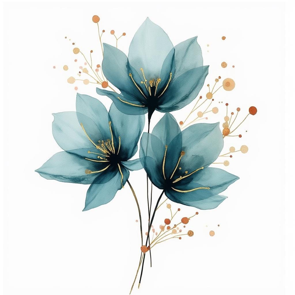 23 Teal Blue Flowers, Floral Clipart JPG, Digital Floral Art ...