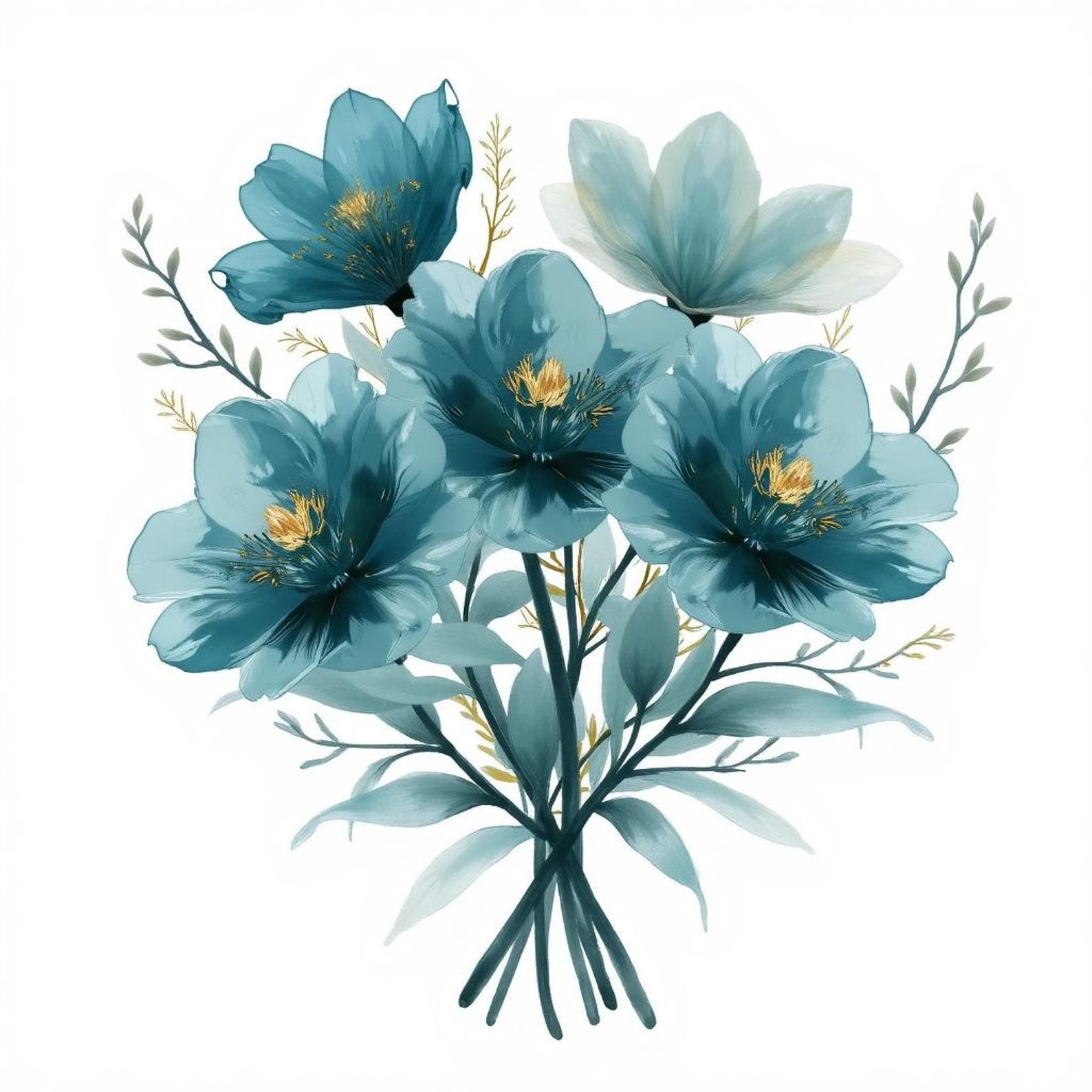 23 Teal Blue Flowers, Floral Clipart JPG, Digital Floral Art ...