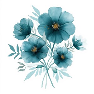 23 Teal Blue Flowers, Floral Clipart JPG, Digital Floral Art ...