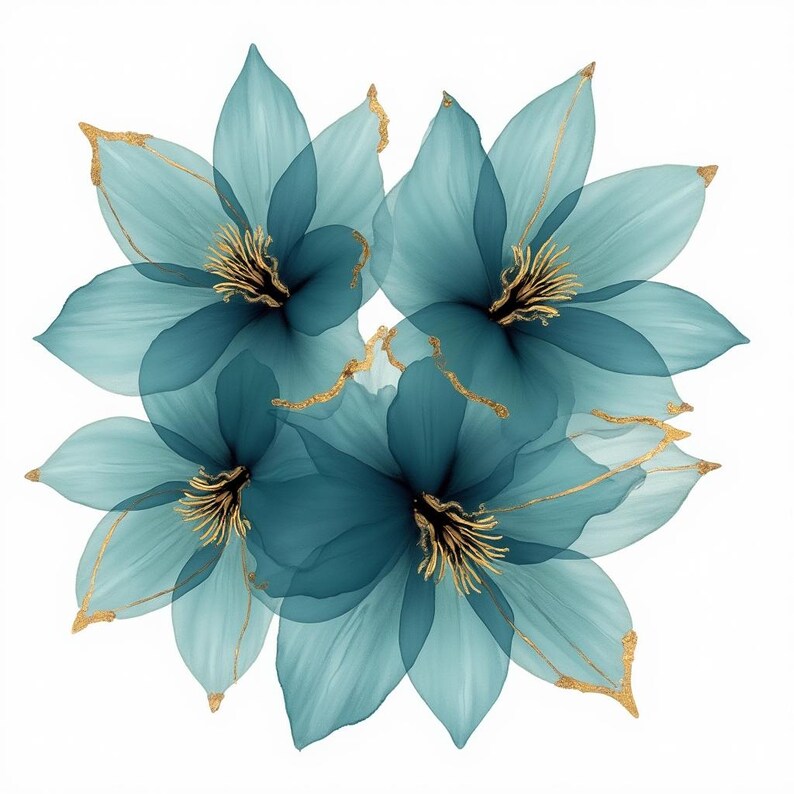 23 Teal Blue Flowers, Floral Clipart JPG, Digital Floral Art ...