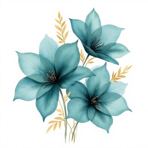 23 Teal Blue Flowers, Floral Clipart JPG, Digital Floral Art ...
