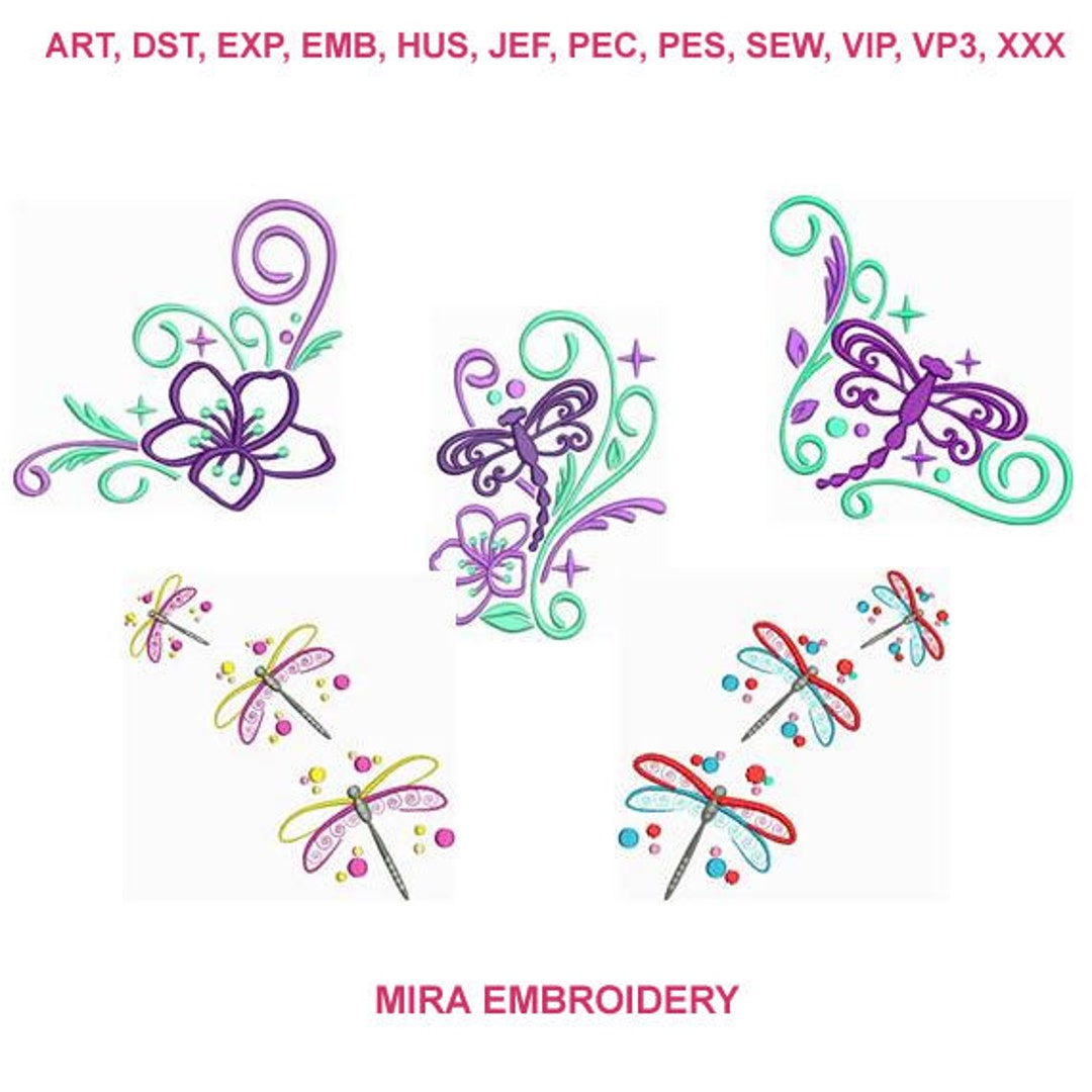 Dragonfly Machine Embroidery Design Set / Mini Flowers and Dragonflies ...