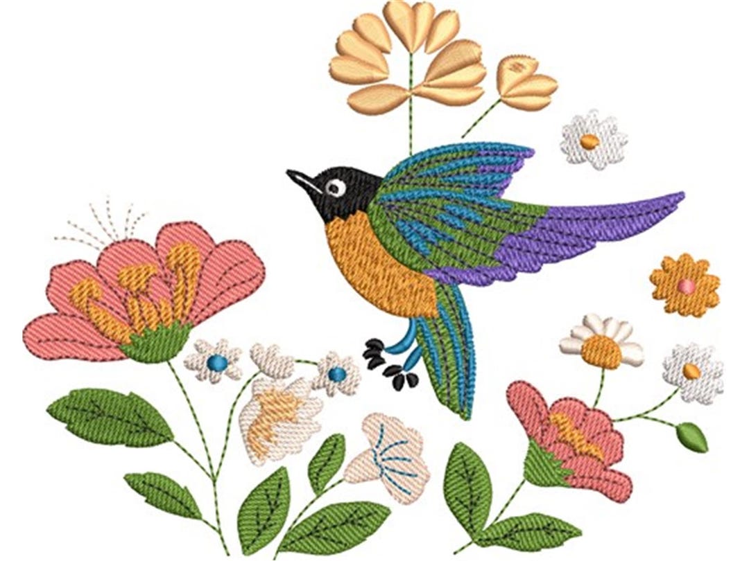 Flowers and Hummingbird Machine Embroidery Design - 2 Sizes, Spring ...