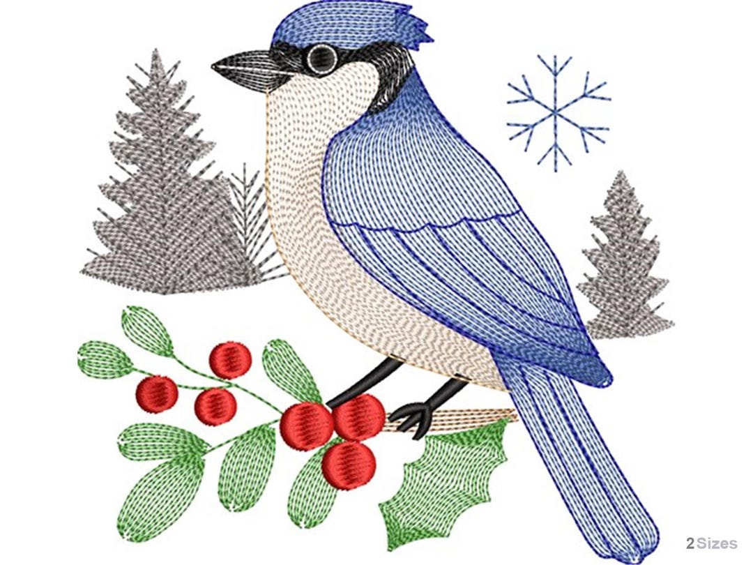 Blue Jay Winter Scene Embroidery - Machine Embroidery Design - Winter ...
