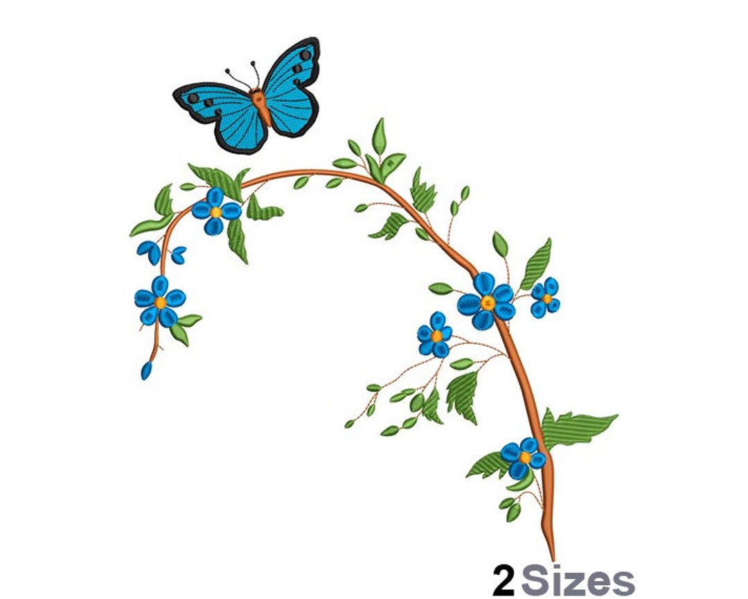 Blue Butterfly Embroidery - Blue Floral Embroidery - Nature Embroidery ...