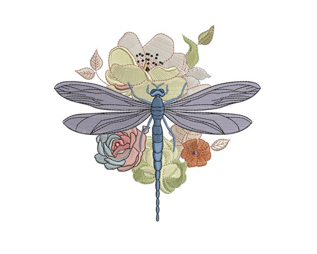 Dragonfly Flowers - Floral Embroidery Pattern - Home Decor - Garden ...