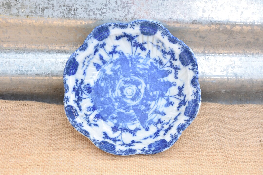 Antique CHINESE Blue & White Bone China Ribbon Edged Bowl Sages Bonsai ...