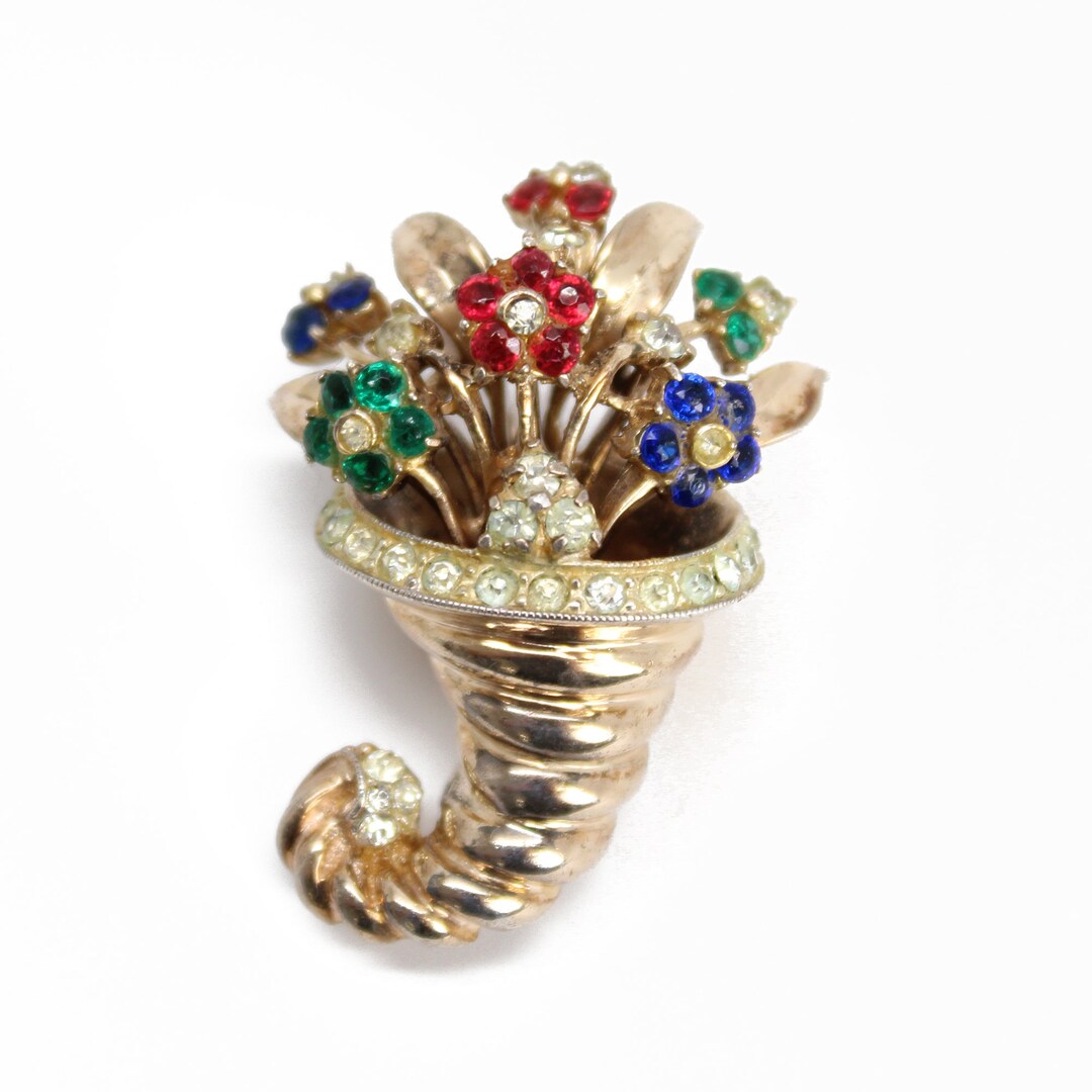 Coro Craft Sterling Gold Vermeil Jeweled Cornucopia Pin Clip Brooch ...
