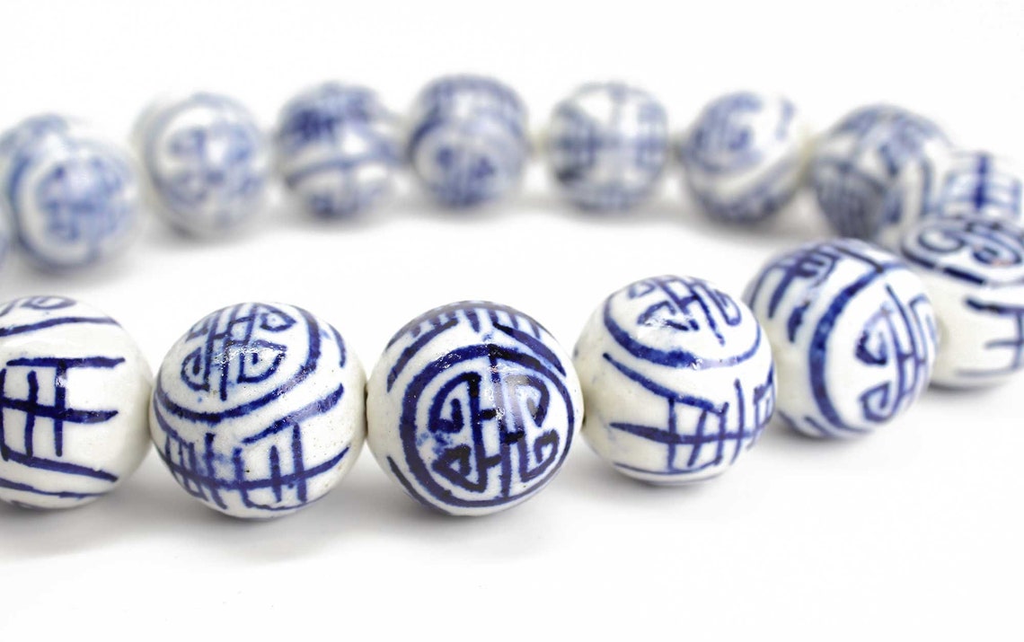 Chinese Porcelain Bead Necklace, Blue and White Super Chunky Beaded ...