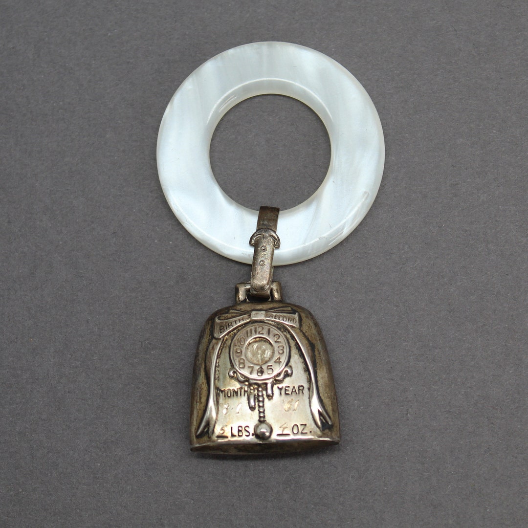 Sterling Silver Birth Record Bell With Marbleized Plastic Teething Ring ...