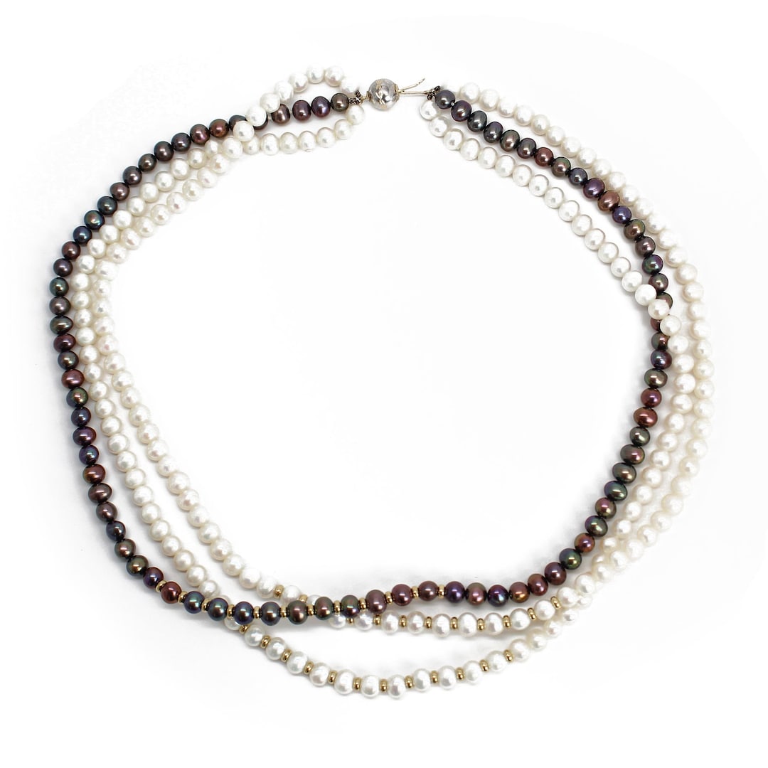 Triple Strand Pearl Necklace With 585 Gold Clasp, 18 Long Genuine ...
