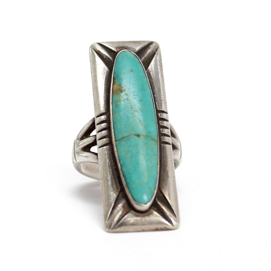 Vintage Rectangular Turquoise Ring Sterling Silver, 5.0 US, Turquoise ...