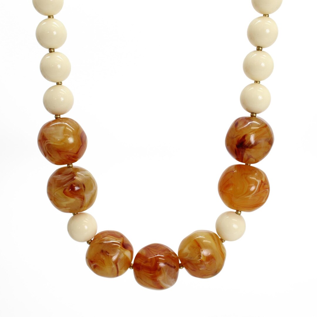 Marbled Butterscotch and Cream Bead Necklace, Chunky Lucite Bead ...