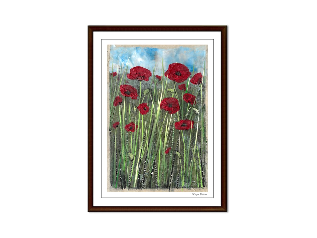 Poppy Field, Collage Art Print by Artist Marzia Falcioni, Poppies Print ...