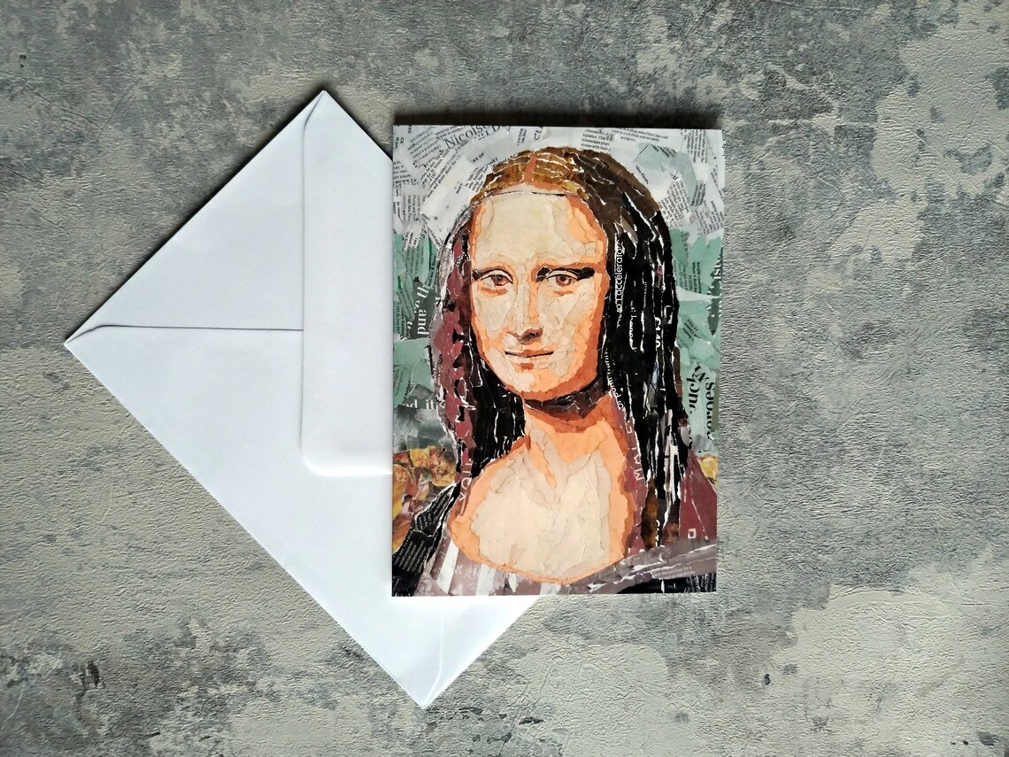 Paper Mona Lisa, torn paper collage art greetings card, A6, by artist ...