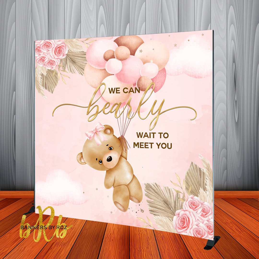 We Can Bearly Wait Teddy Bear Backdrop Blush Pink Watercolor Banner for ...