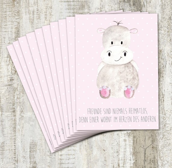 10 Postcards in Set Funny Hippo Motif Hand Painted Format DIN A6 ...
