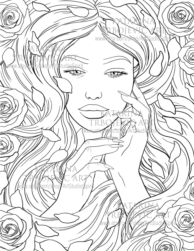 Adult Coloring Page Beautiful Woman Portrait With Rose - Etsy