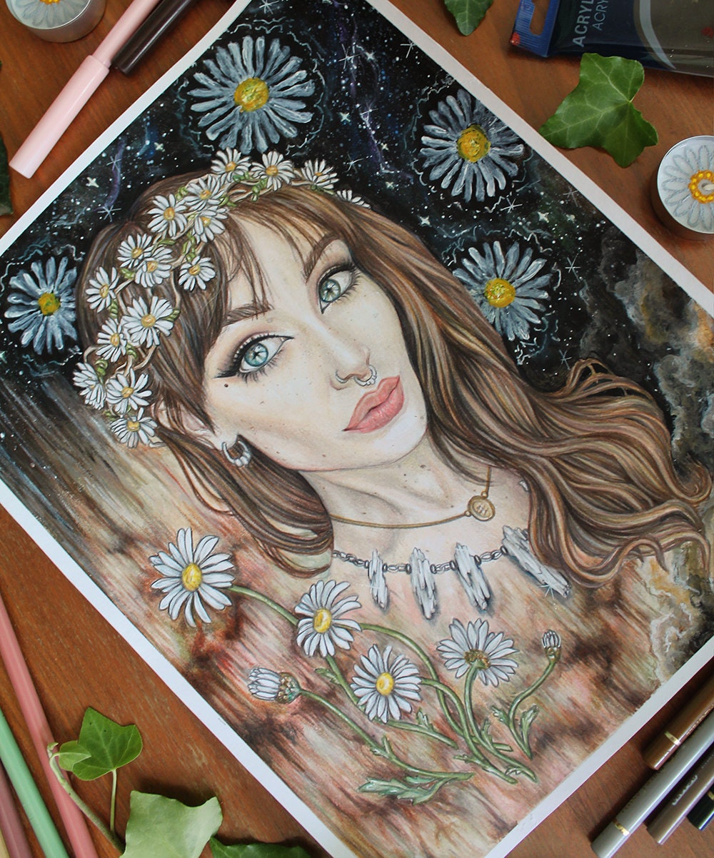Daisy Flower Portrait Painting - Original Mixed Media Artwork - Surreal ...