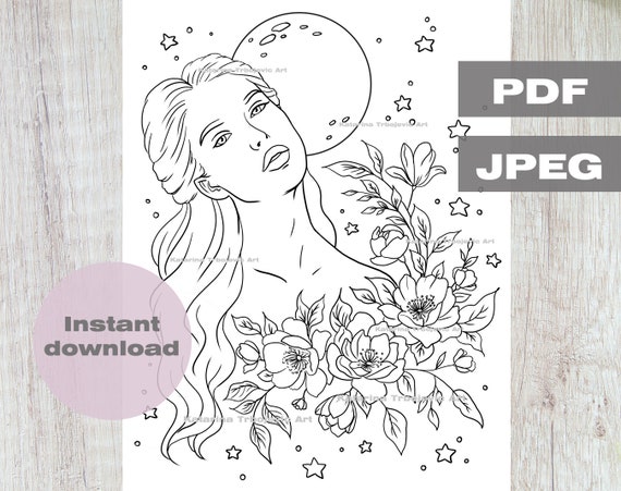 Moon Child Adult Coloring Page Woman Portrait With Flowers - Etsy