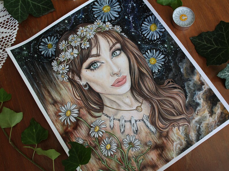Daisy Flower Portrait Painting, Beautiful Woman Surreal Portrait, Daisy ...