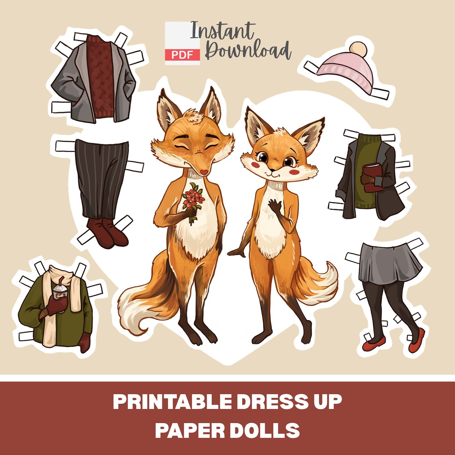 Printable Dress up Paper Dolls - Foxes, Two Animal Dolls With Cute ...