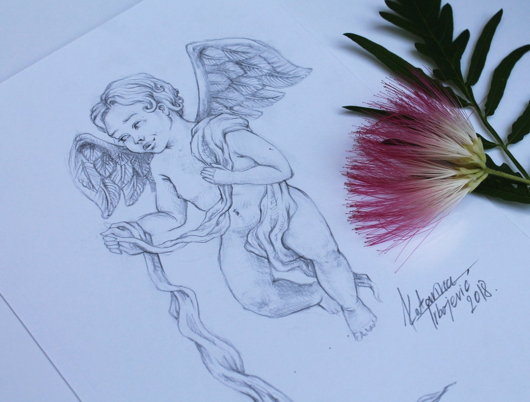 Angel Protetion Original Drawing, Graphite Pencil Drawing, Spiritual ...