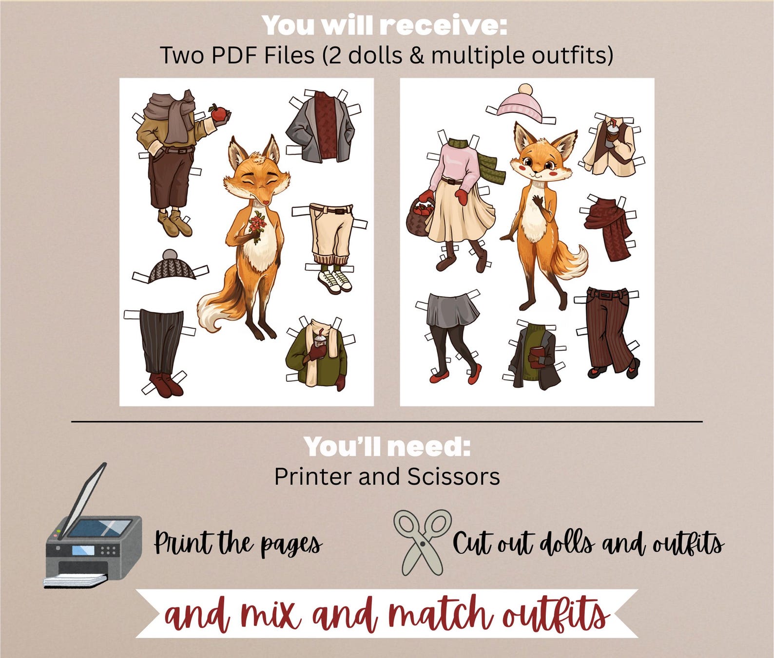 Printable Dress up Paper Dolls - Foxes, Two Animal Dolls With Cute ...