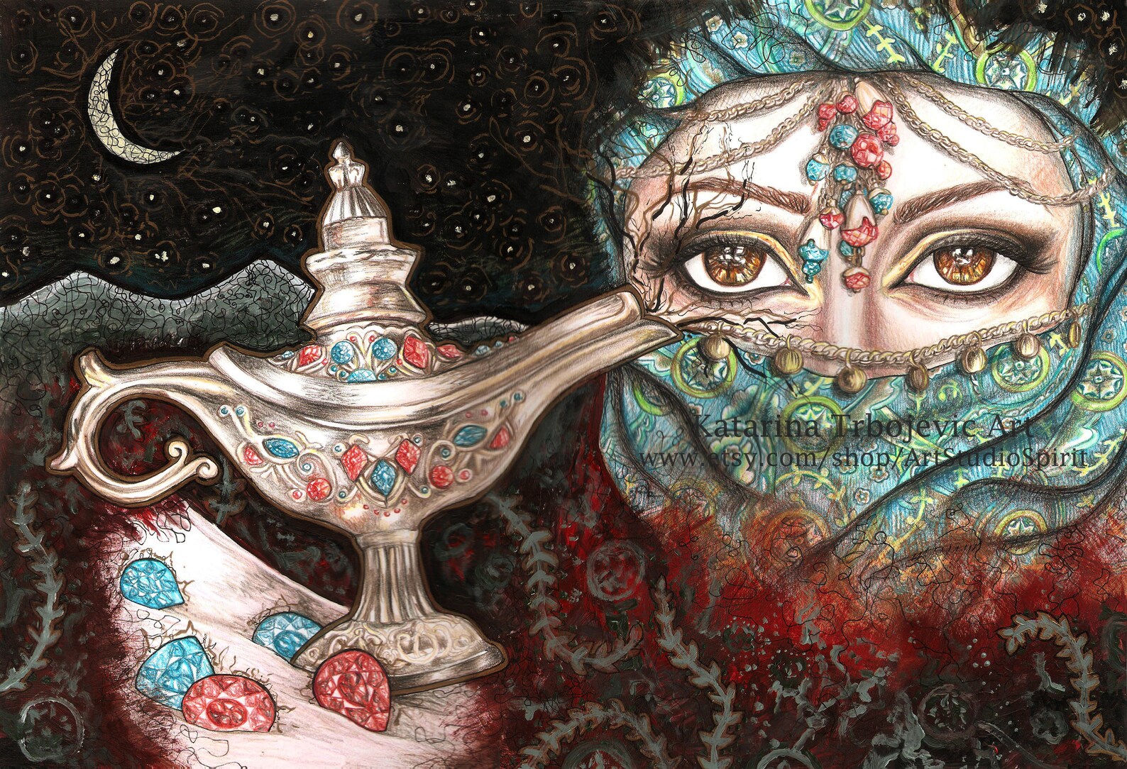 Arabian Nights Art Print, Beautiful Woman Portrait, Starry Night Art ...