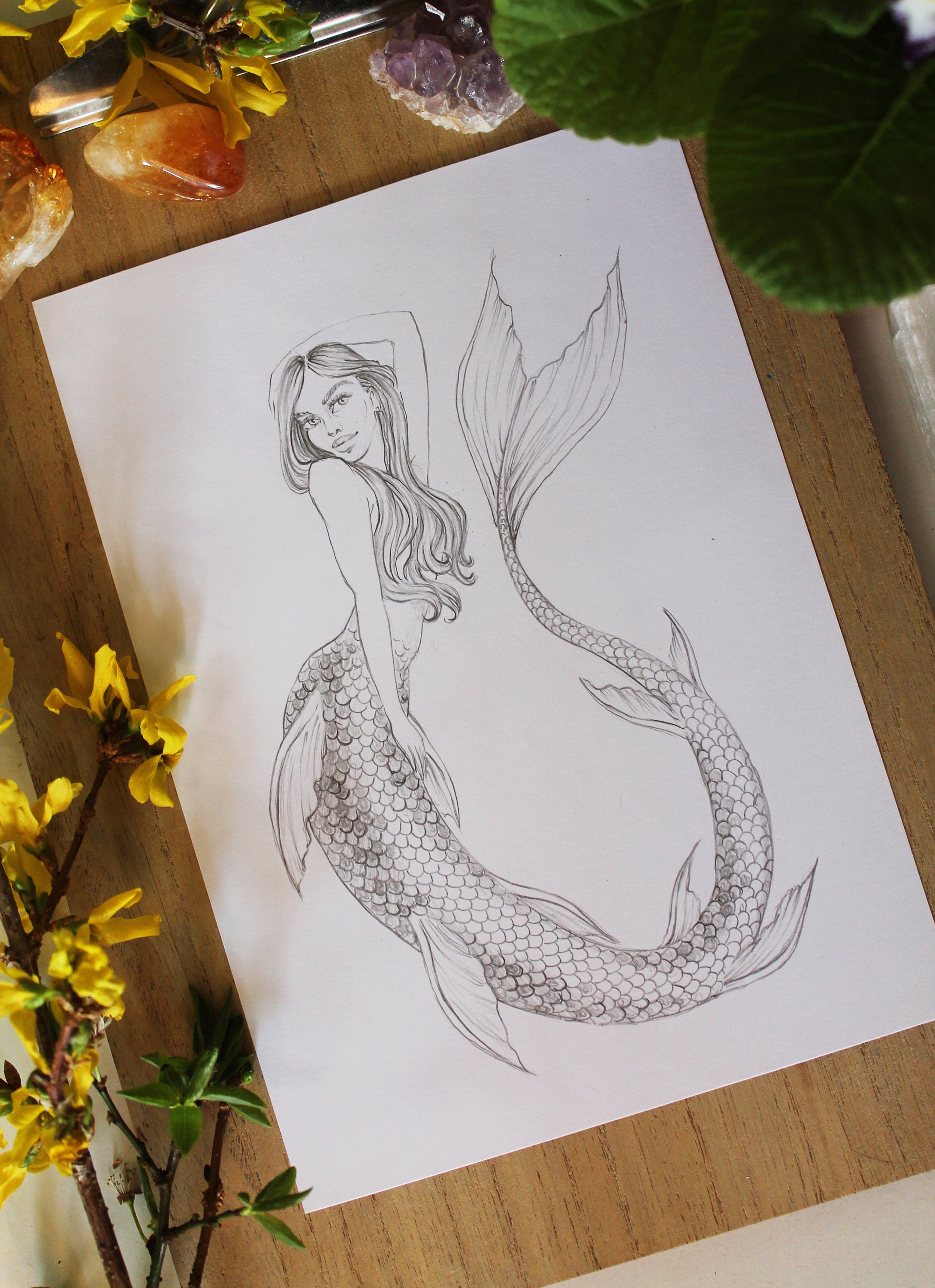 Mermaid Drawing Print, Mermaid Illustration, Fantasy Art Print, Siren ...