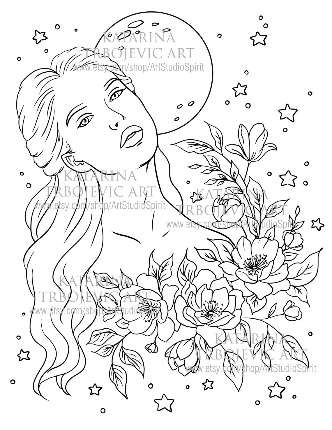 Moon Child Adult Coloring Page Woman Portrait With Flowers - Etsy