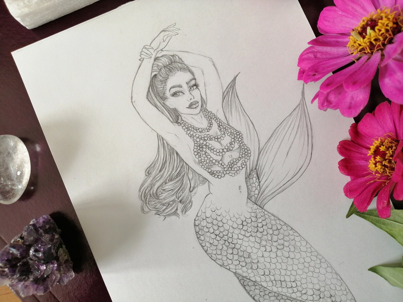 Mermaid Drawing, Original Graphite Pencil Drawing, Naked Woman Art ...