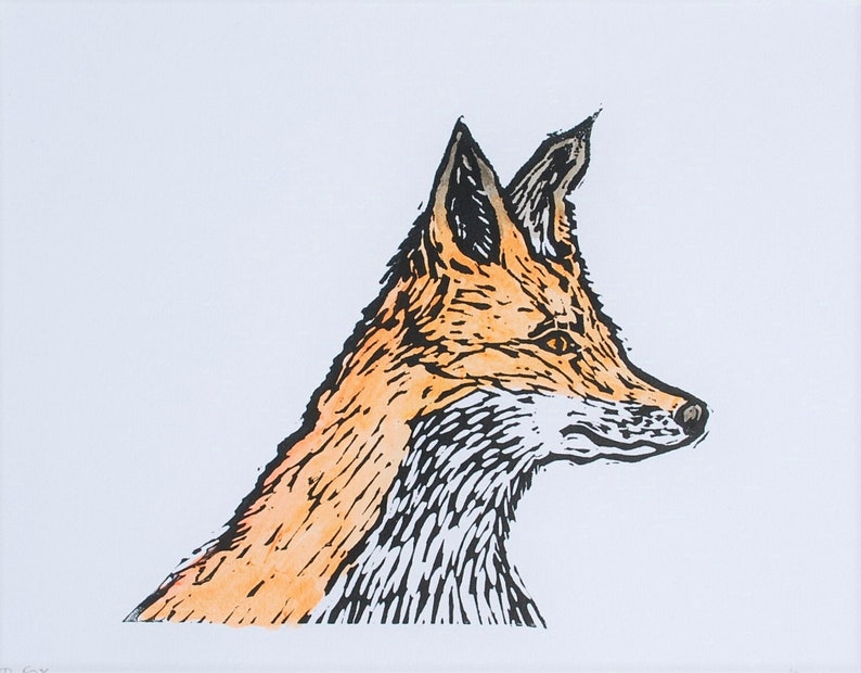 Fox Print// Lino Cut//black Ink//watercolour Tinted// - Etsy