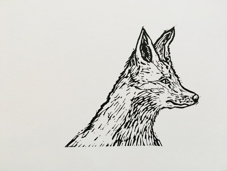 Fox Print// Lino Cut//black Ink//watercolour Tinted// - Etsy