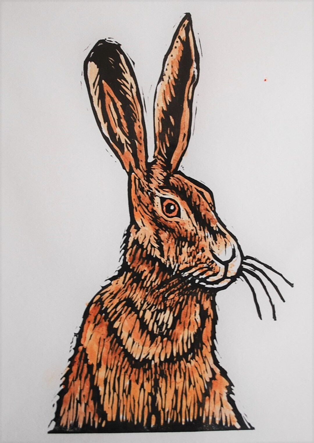 Impresión de liebre// Lino Cut//Tinta negra//Acuarela teñida// Original ...