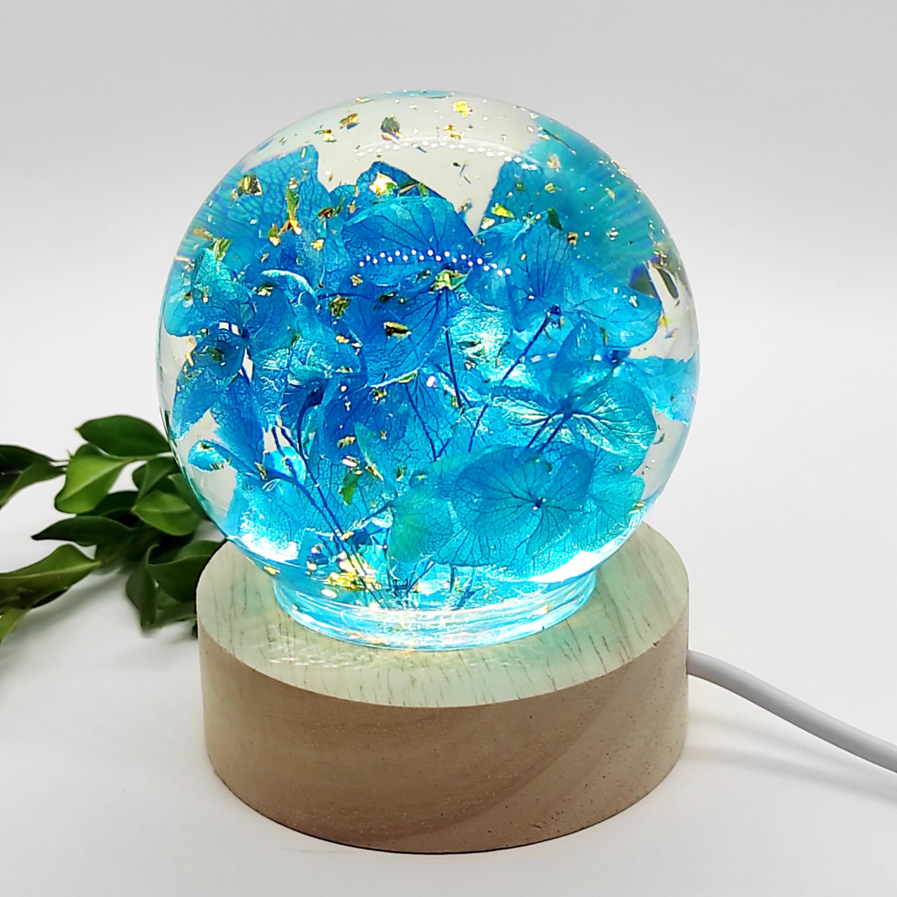 Hydrangea Resin Night Light: Botanical Globe Lamp With Gold Flakes - Etsy