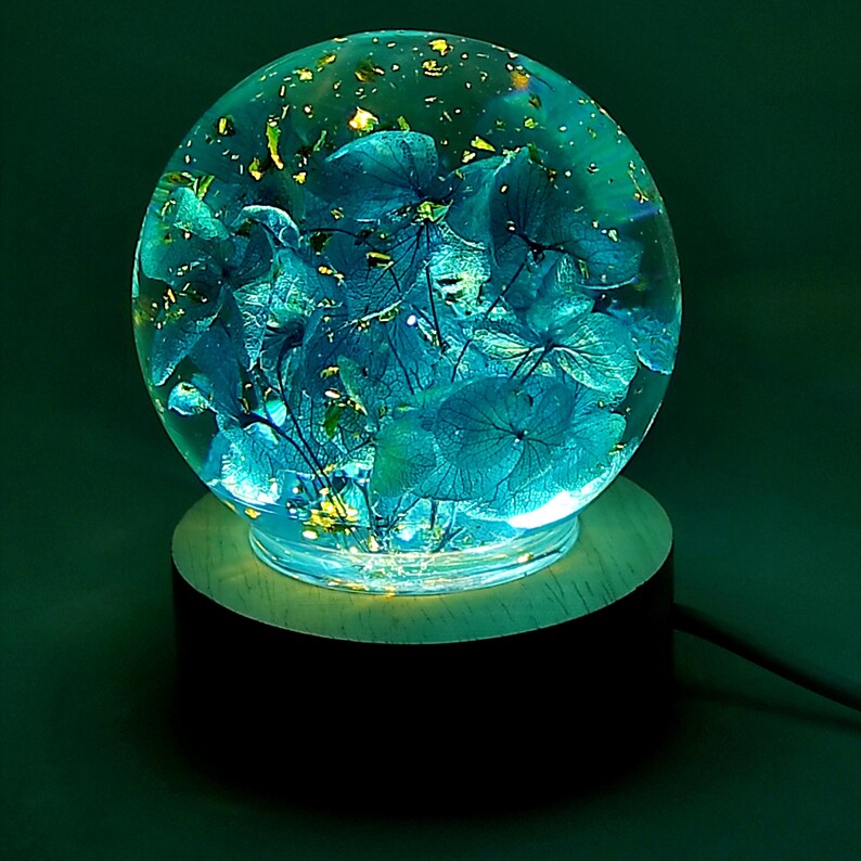 Hydrangea Resin Night Light: Botanical Globe Lamp With Gold Flakes - Etsy