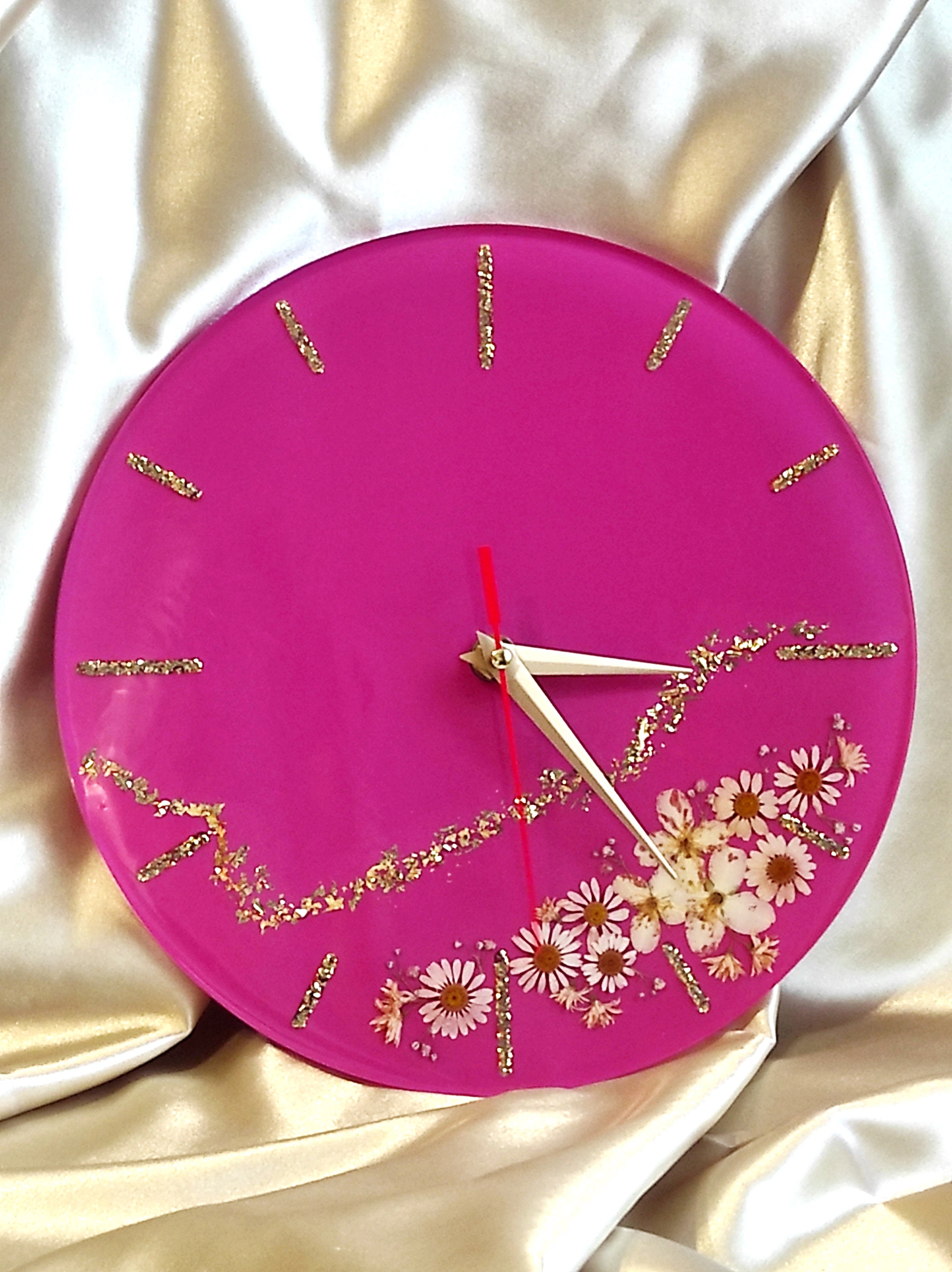 Unique Wall Clock, Hot Pink Resin Clock, Bright Wall Decor, Pressed ...