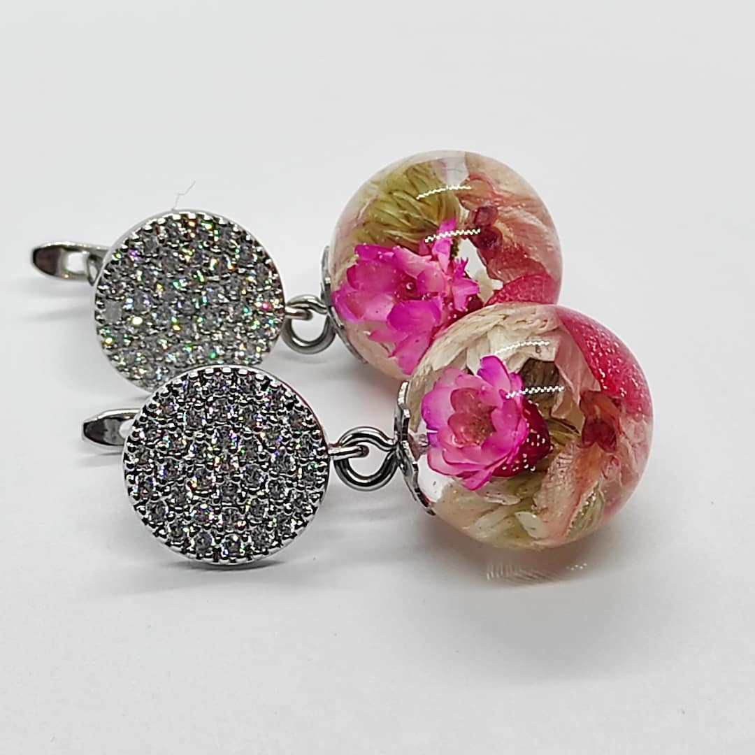 Resin Flower Ball Earrings: Pressed Pink Flowers, 18k Silver Hooks - Etsy