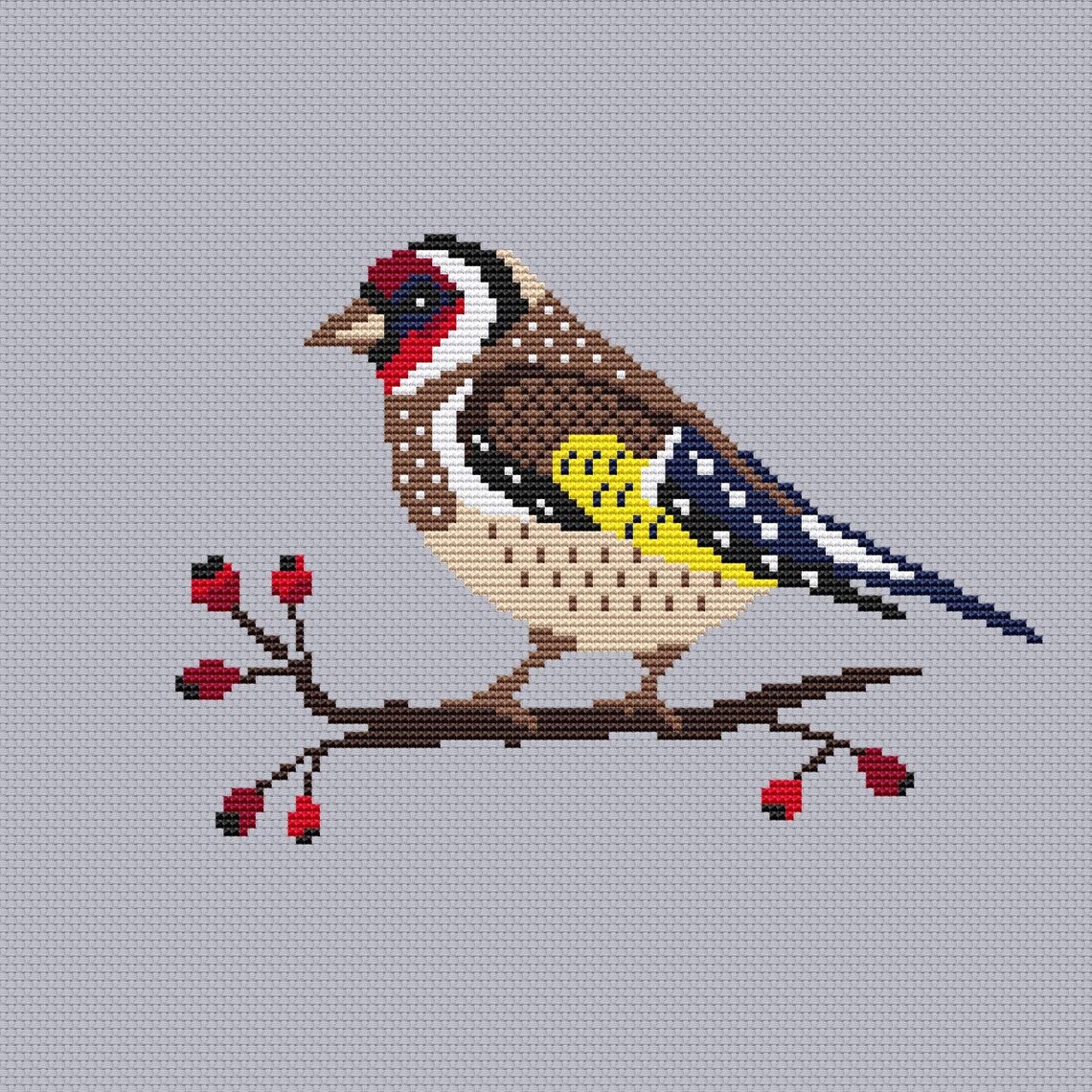 Folk Small Cross Stitch Pattern Goldfinch Pdf Counted Chart Primitive ...