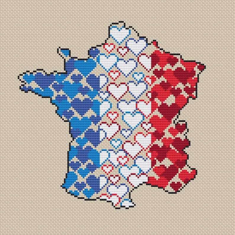 France Map Cross Stitch Pattern: Tricolor Hearts (PDF Pattern) - Etsy