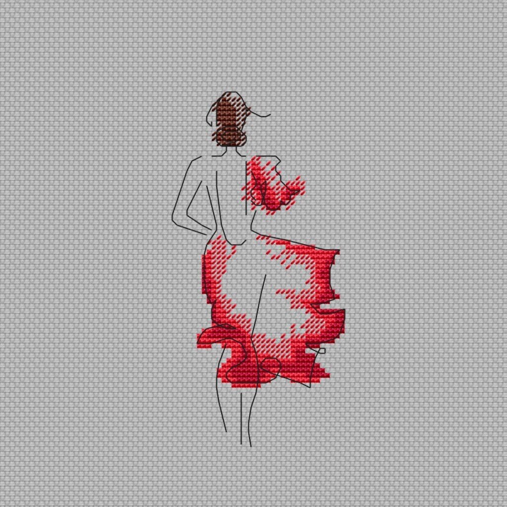 Lady in Red Dress Cross Stitch Pattern Modern Girl One Line Elegant ...