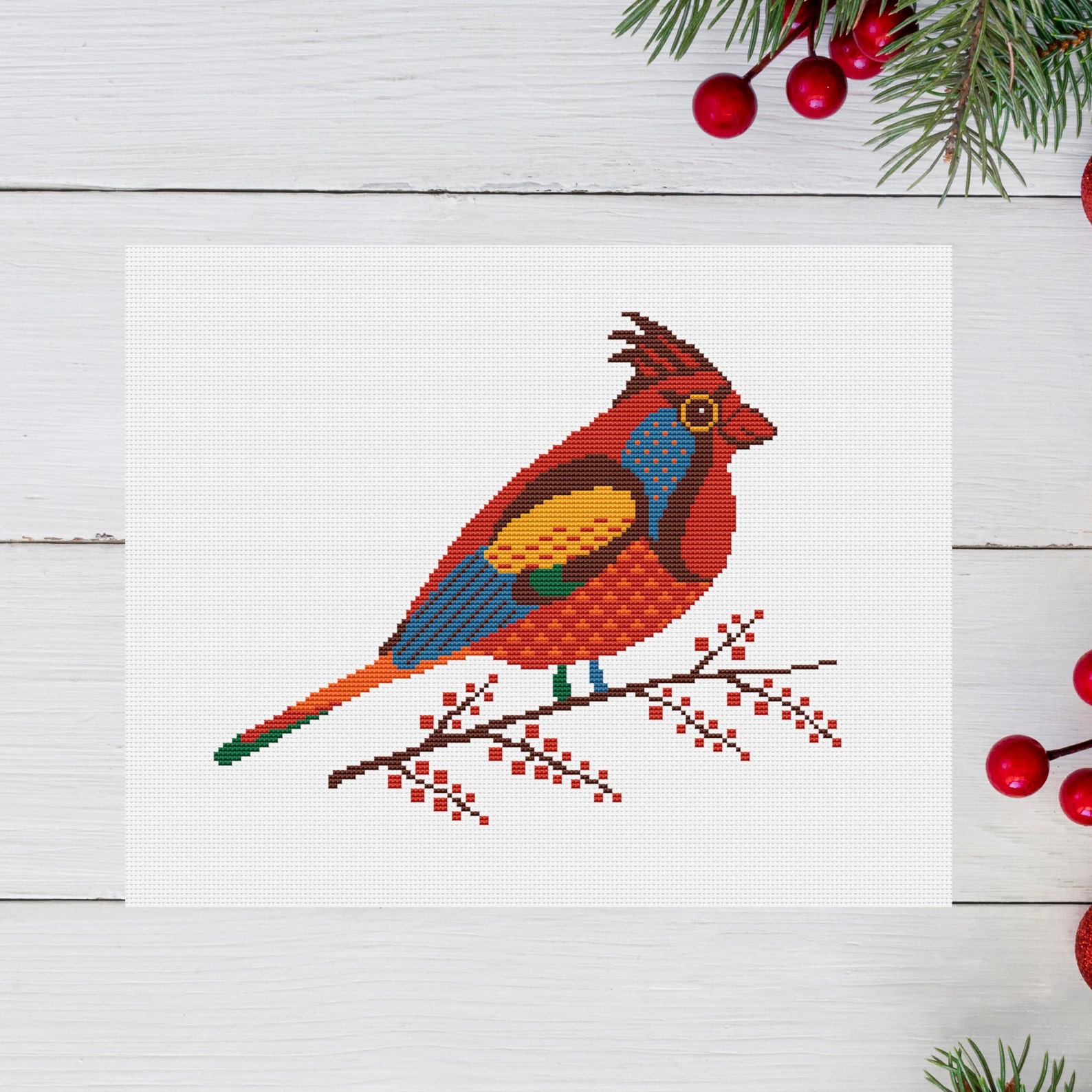 Cardinal Bird Cross Stitch Pattern Red Small Holly Bird Forest Winter ...