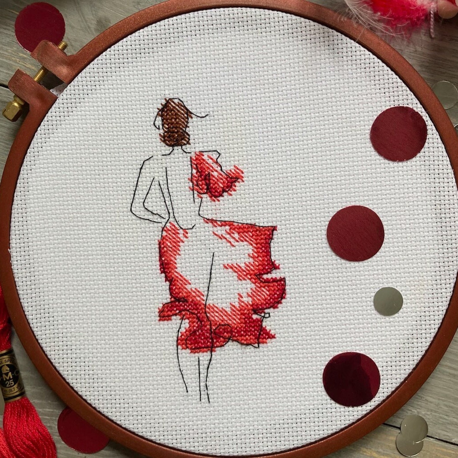 Lady in Red Dress Cross Stitch Pattern Modern Girl One Line Elegant ...