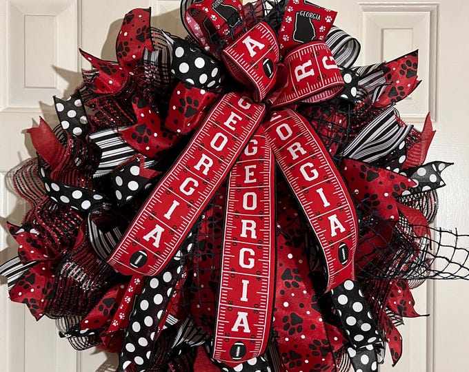 FREESHIP Georgia Bulldogs Wreath - Red Black Polka Dot and Striped ...