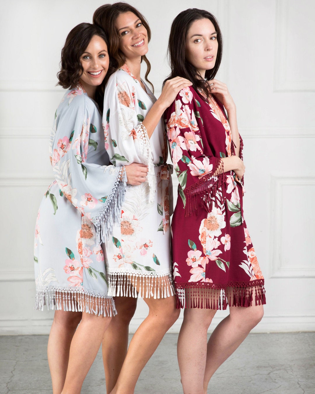 Bohemian Bridesmaid Robes Boho Floral Fringed Kimono Bridesmaid Robes ...